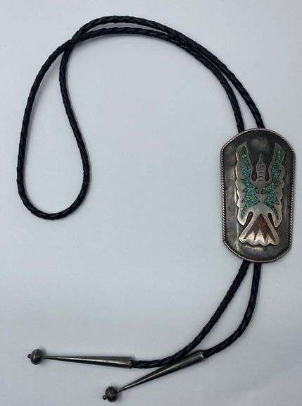 Silver Native American Turquoise And Coral Bolo Signed Dixons 4511