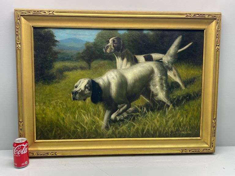 Attributed to Alexander Pope Jr, oil on canvas painting of hunting dogs ...