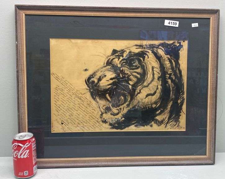 G. Walker drawing of tiger with long inscription about Honore de Balzac ...