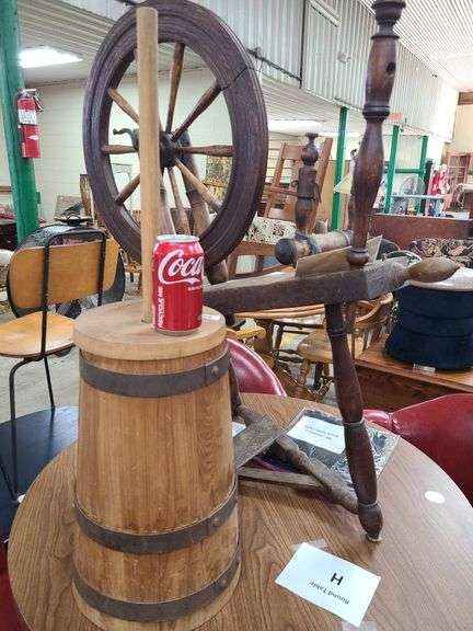 Antique spinning wheel + rustic butter churn - Dixon's Auction at Crumpton