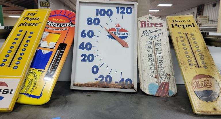 Lot Vintage Advertising Thermometers, Pepsi, Hires - Dixon's Auction at ...