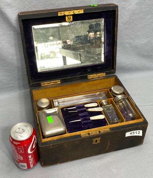 Antique leather dressing box with accessories - Dixon's Auction at Crumpton