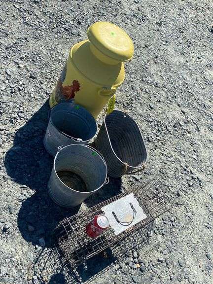 Lot galvanized buckets, milk can, animal trap - Dixon's Auction at Crumpton
