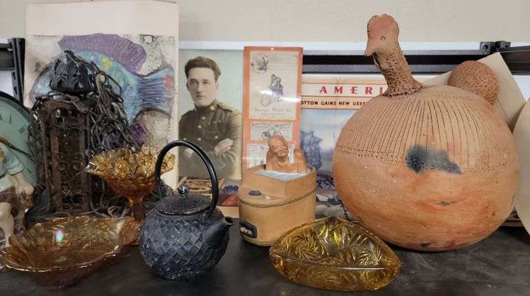 Antique Portraits, Wall Clocks, Glazed Mud Man Statue, Carnival Glass ...