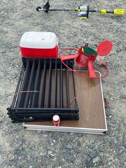 Lot Christmas tree stand, folding table, folding gate, igloo cooler ...