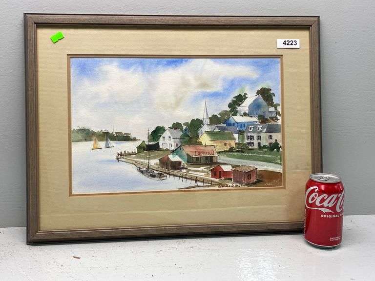 George D. Post watercolor harbor scene - Dixon's Auction at Crumpton