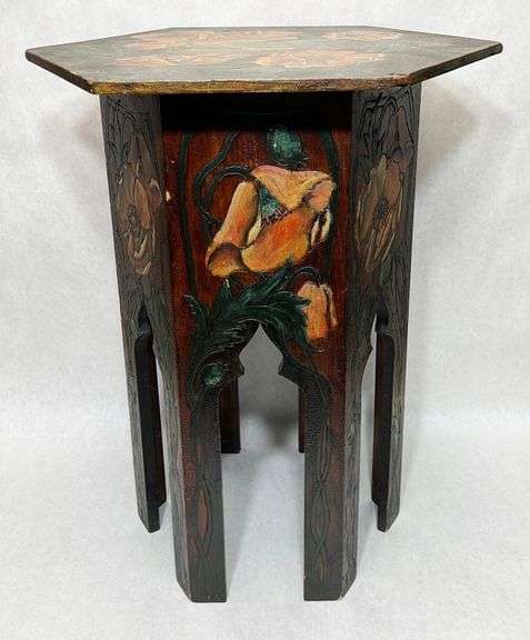 Arts & Crafts painted ship & flowers pyrography table - Dixon's Auction ...