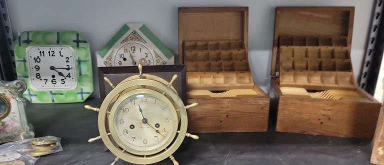 Waterbury Ships Clock, 2 Plate Clocks, 3 Postal Boxes, 2 China Clocks ...