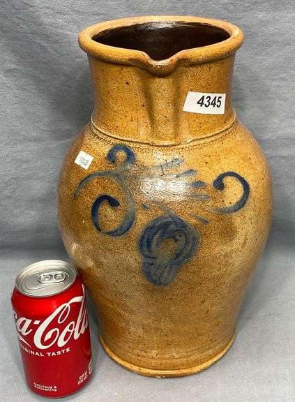 Antique Blue Decorated Stoneware Pitcher-Restoration - Dixon's Auction ...