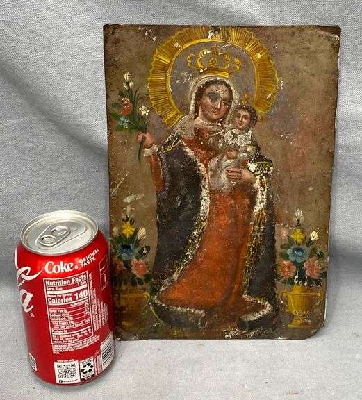 Antique Mexican Retablo Painting On Tin - Dixon's Auction at Crumpton
