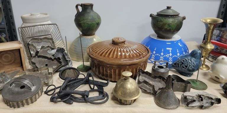 Lot Primitive Metal Cookie Cutters, Pottery Jars, Covered Jars, Kitchen ...