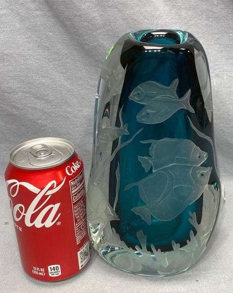 Etched Fish Art Glass Vase-Signed - Dixon's Auction at Crumpton