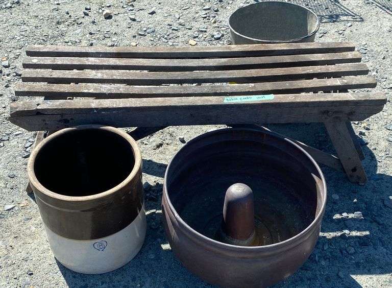 Vintage Wooden Bench, Antique Crock, Pail Etc - Dixon's Auction at Crumpton
