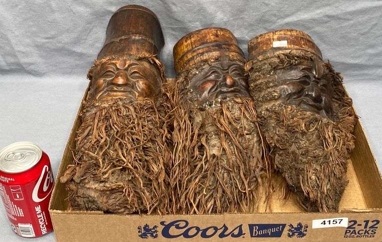 3 Japanese Carved Bamboo Root Masks - Dixon's Auction at Crumpton