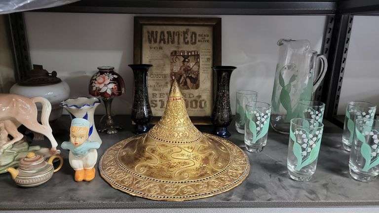 Lot, Framed Wanted Photo, Painted Fairy Lamp, Pitcher & Glasses Etc ...
