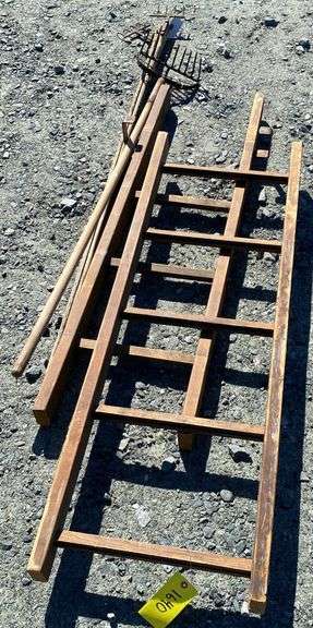 Antique Ladders, Clam Rake, Tongs Etc - Dixon's Auction at Crumpton