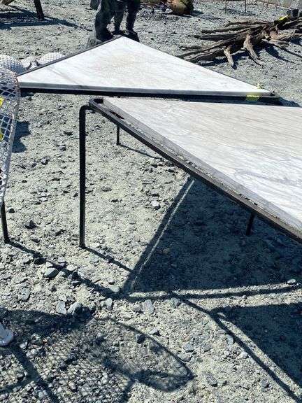 (2) Marble Top Wrought Iron Triangular Outdoor Tables - Dixon's Auction ...