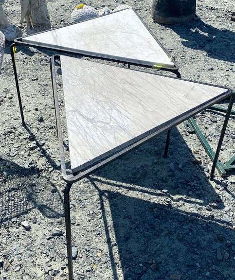 (2) Marble Top Wrought Iron Triangular Outdoor Tables - Dixon's Auction ...