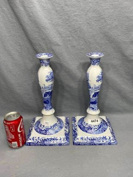Spode Italian Blue Transferware Candlestick Holders - Dixon's Auction ...