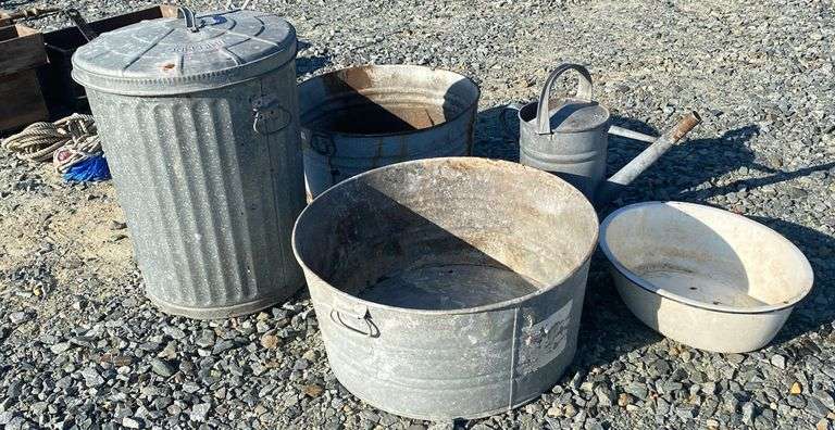 Lot Galvanized, Trashcan, Watering Can, Tubs And Enameled Pan - Dixon's ...