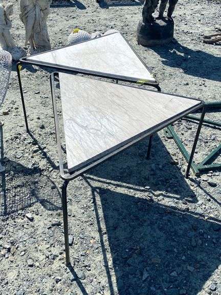 (2) Marble Top Wrought Iron Triangular Outdoor Tables - Dixon's Auction ...