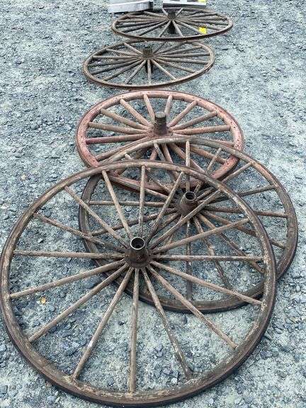 5 Antique Iron Banded Wooden Buggy Wheels - Dixon's Auction at Crumpton