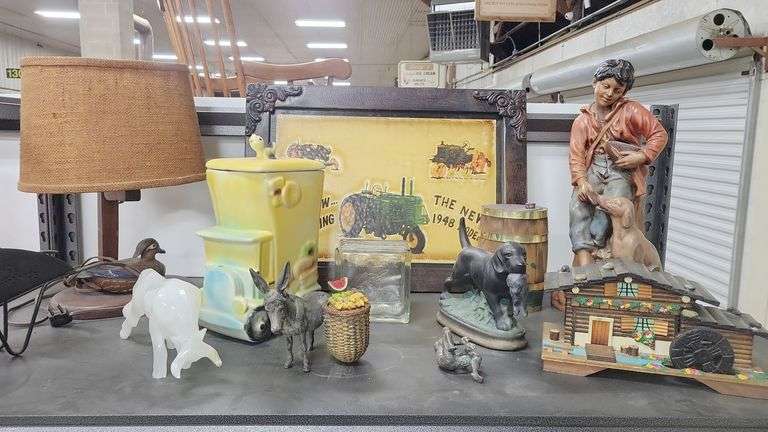 Lot Waterwheel Cabin Folk Art, Antique Donkey Match Vesta, Boy & Dog Statue Etc - Dixon's ...