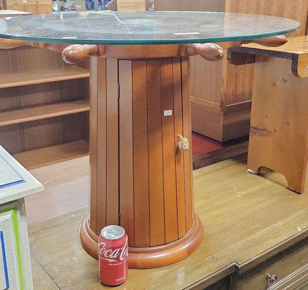 Nautical Themed Ship's Wheel Glass Top Cocktail Table - Dixon's Auction ...