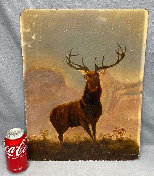 Antique Folk Art Stag Oil Painting - Dixon's Auction at Crumpton