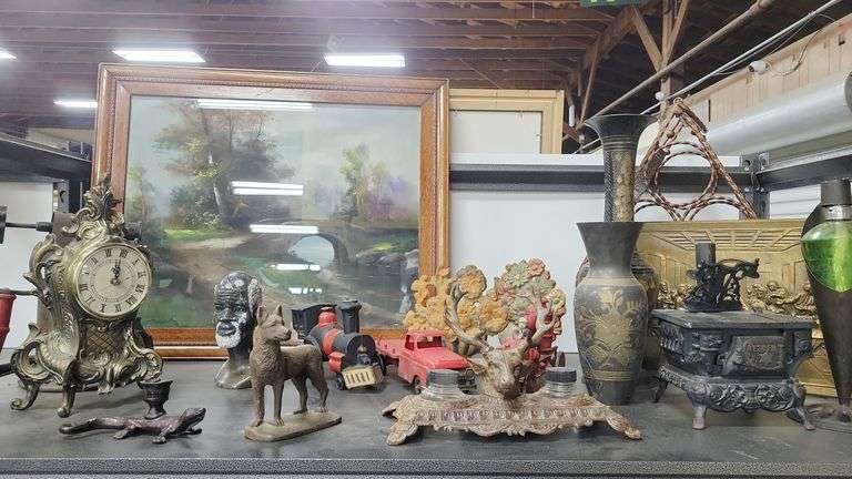 Lot Pastel Painting, Figural Inkwell Standish, Clock, Cast Iron ...