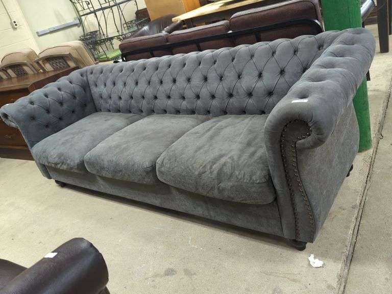 Modern Suede Chesterfield Style Sofa, Wear - Dixon's Auction at Crumpton