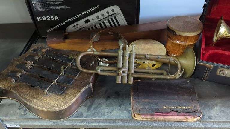 Lot Vintage Instruments, Trumpets, Xylophone Etc - Dixon's Auction at ...