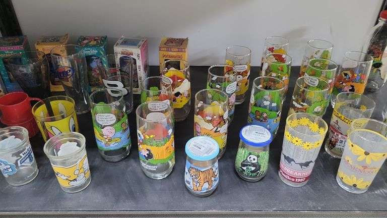 Lot Vintage Character Glasses, Jelly Jars Etc - Dixon's Auction at Crumpton