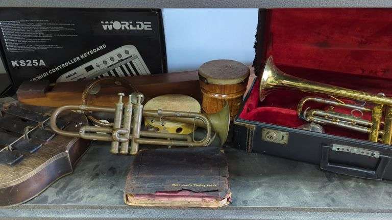 Lot Vintage Instruments, Trumpets, Xylophone Etc - Dixon's Auction at ...