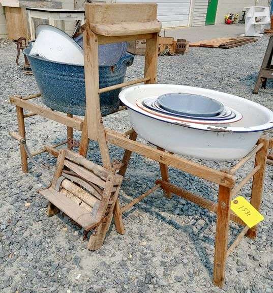 Antique Primitive Wash Stand, Enameled Bowls, And Washtubs, Close ...