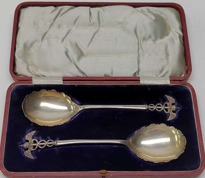 Pair English Sterling Silver Caduceus Serving Spoons In Fitted Box 2.5 ...