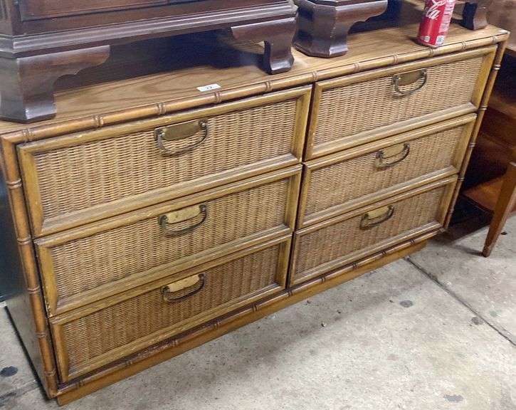 MCM Faux Bamboo Double Dresser With Wicker Drawer Fronts - Dixon's ...