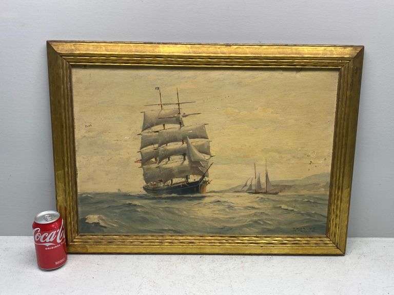 Charles Rosner Maritime Ship Painting, Inscribed Verso "Signaling For A ...