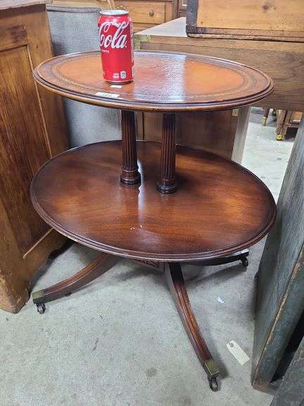 Vintage Leather Top Two Tier Table - Dixon's Auction at Crumpton