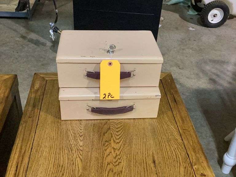 Two Metal tan lock boxes for one money with keys - Diamond G Auctioneers