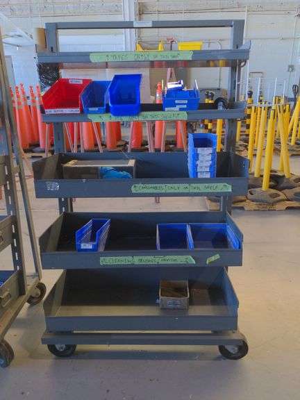 Mobile Hardware Rack w/ Assorted Bins - Delaware Auction Center