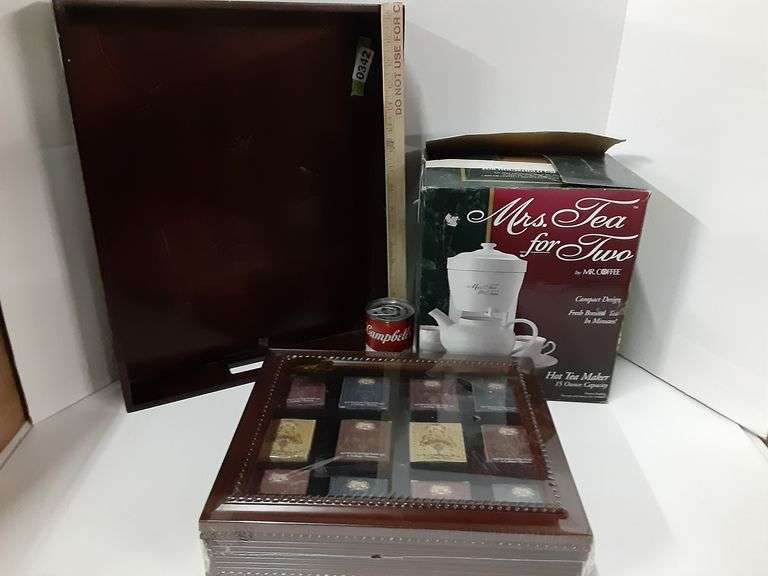 Mr. Coffee Mrs. Tea for Two Maker, (12) Boxes of Teas and Wood Tea Tray ...