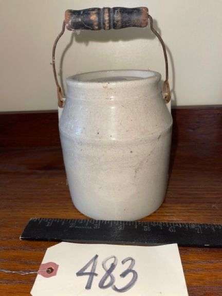 Lidded crock with handle • 6 in • Vintage • Stone • 1st floor/Study ...