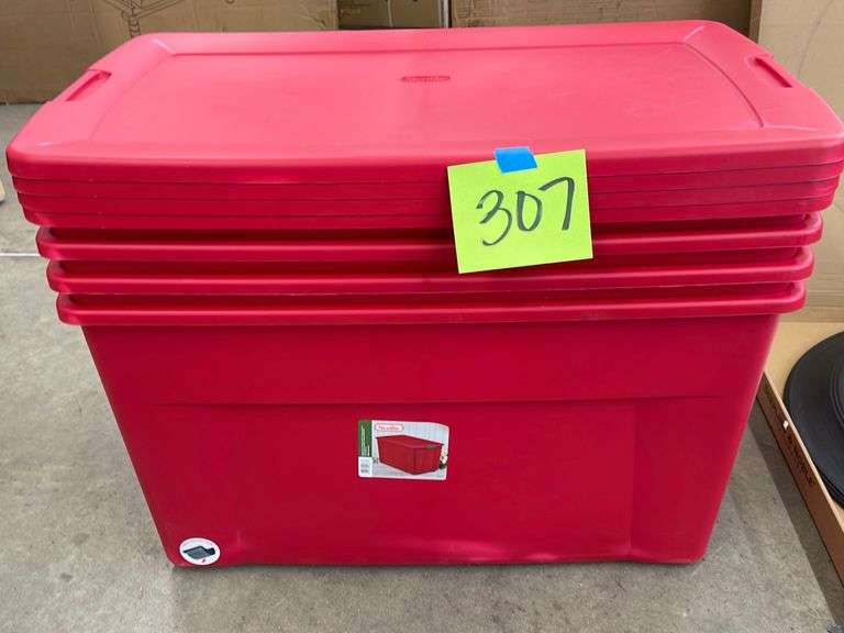 (4) STERILITE 45 GAL RED ROLLING TOTES W/ LIDS - Earl's Auction Company