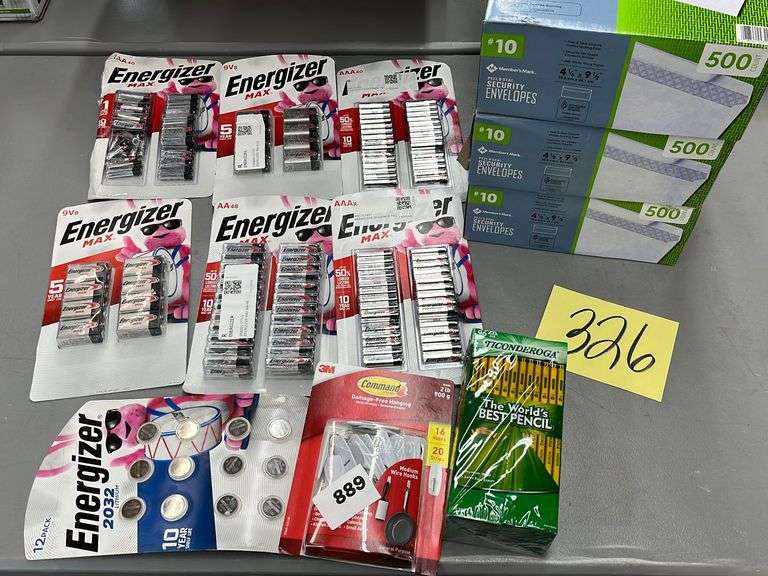 (7) PACKS OF ASSORTED BATTERIES, (3) BOXES OF ENVELOPES, PENCILS & WIRE ...