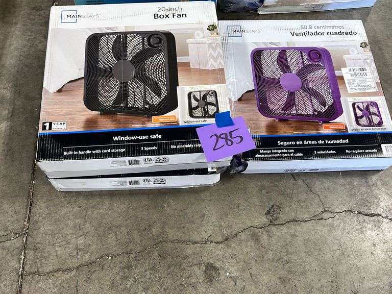 (3) MAINSTAYS BOX FANS IN BOX (2 BLACK, 1 PURPLE) - Earl's Auction Company