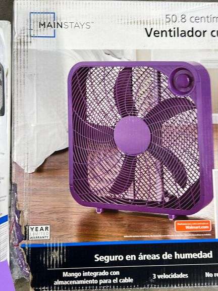 (3) MAINSTAYS BOX FANS IN BOX (2 BLACK, 1 PURPLE) - Earl's Auction Company