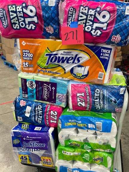 3 PACKS OF PAPER TOWELS, 5 PACKS TOILET PAPER, 1 BOX FACIAL TISSUE ...
