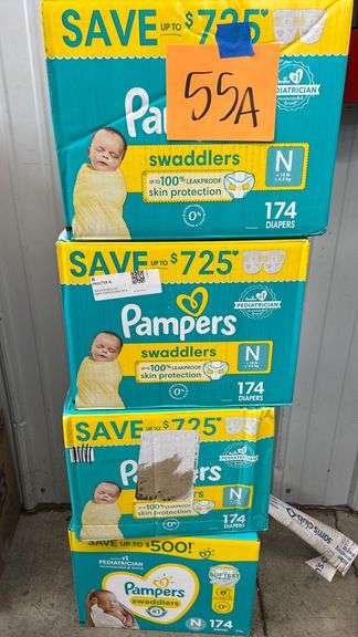 (4) BOXES OF PAMPERS DIAPERS SIZE NEWBORN - Earl's Auction Company