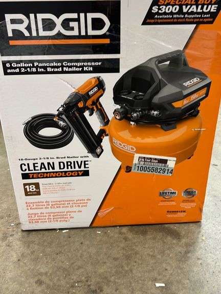 RIDGID 6 GAL PANCAKE COMPRESSOR W/ BRAD NAILER KIT IN BOX - Earl's ...
